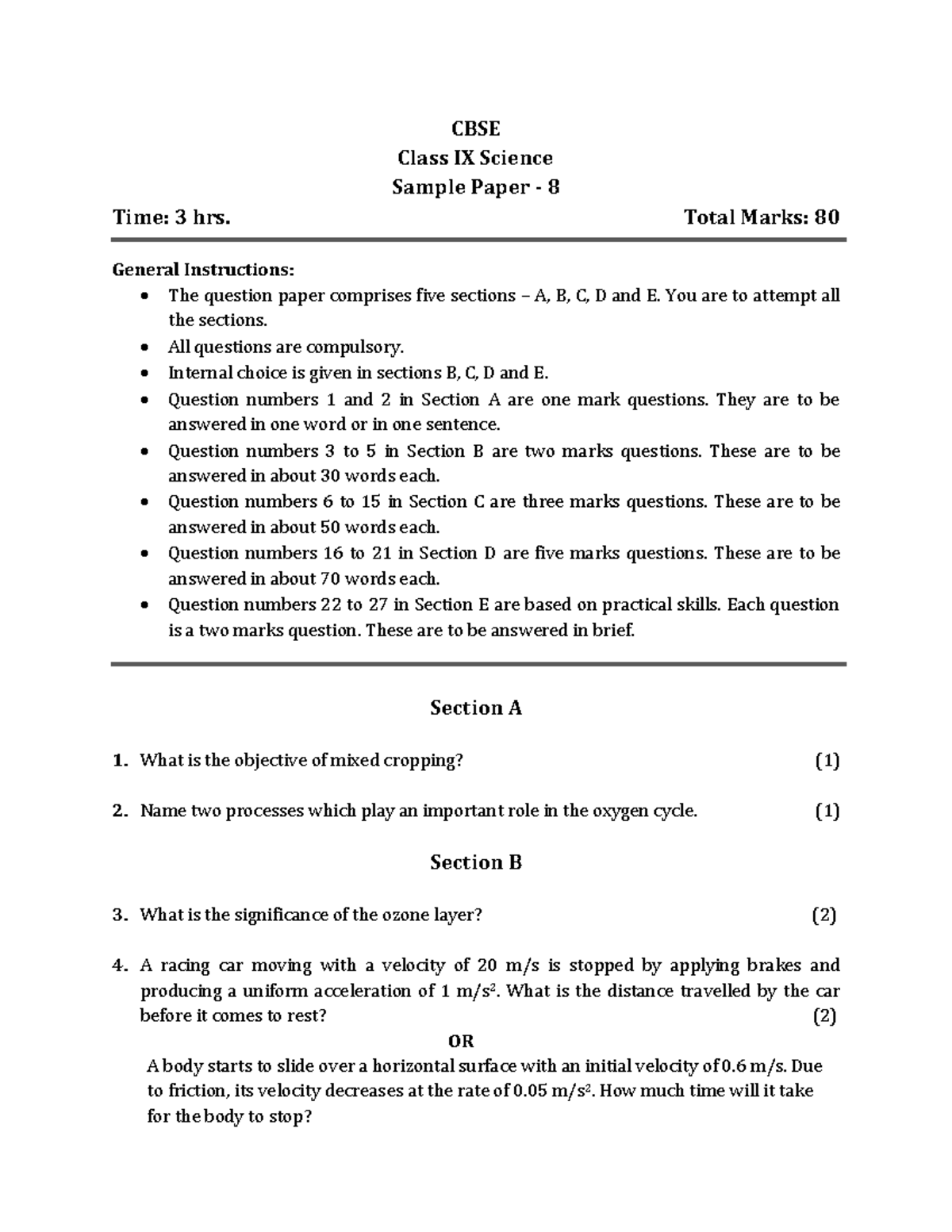 Sample Paper – 8 - CBSE Class IX Science Sample Paper - 8 Time: 3 hrs ...