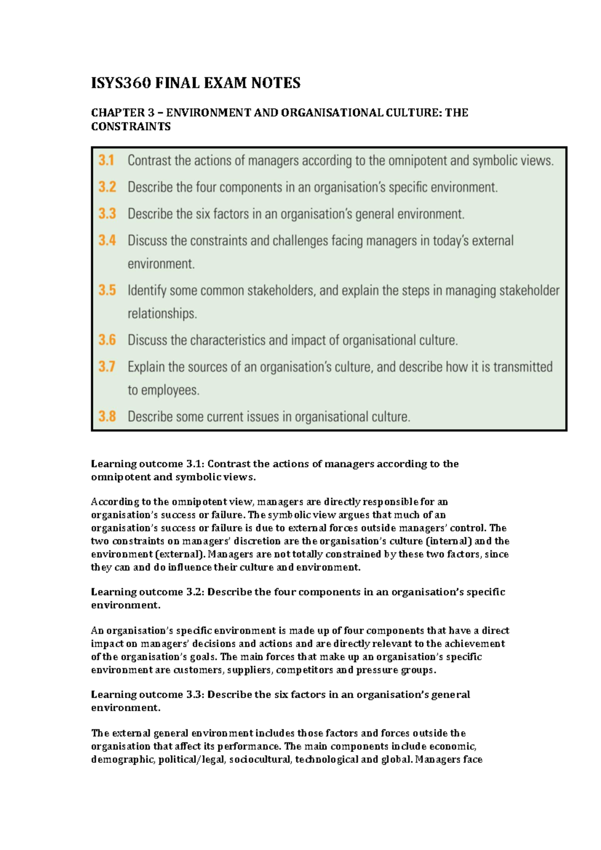 Summary Management - all learning outcomes from the textbook - ISYS360 ...