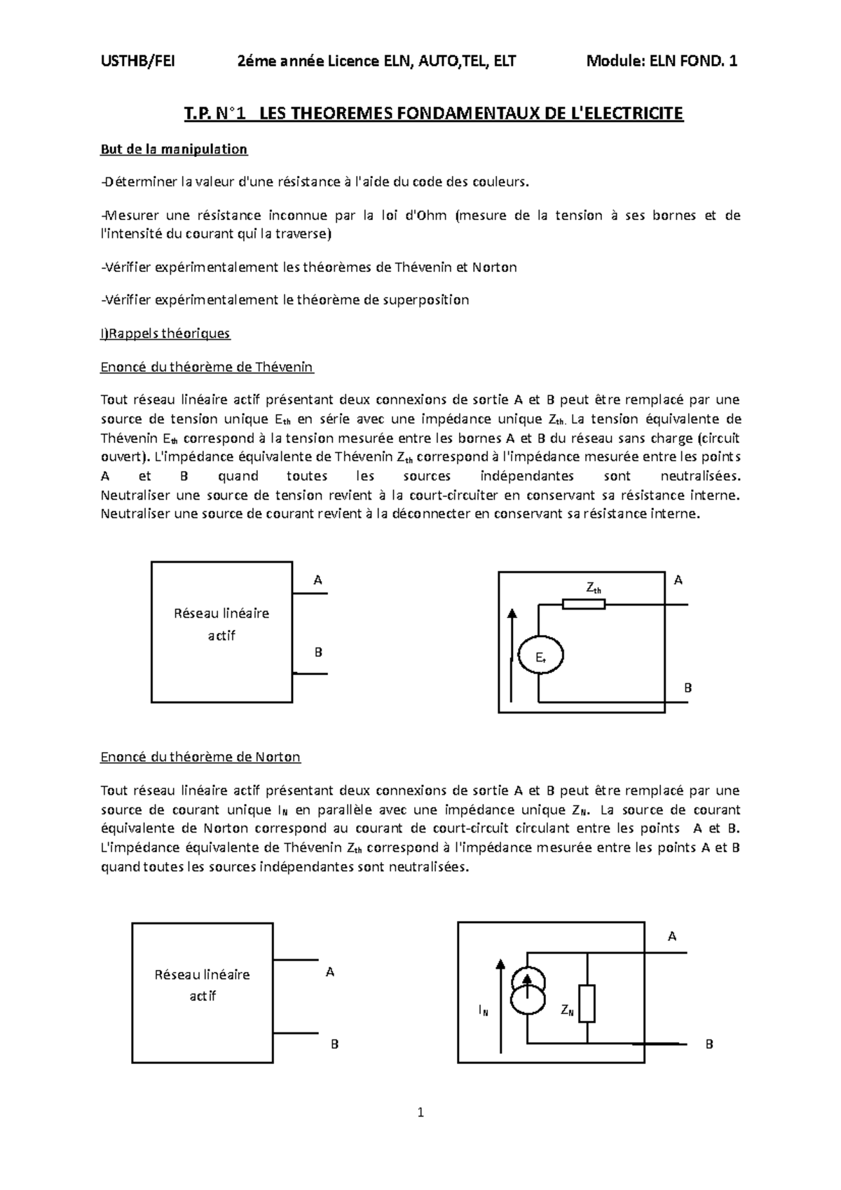 TP1 Thevenin et Norton - Merci - T. N°1 LES THEOREMES FONDAMENTAUX DE L ...