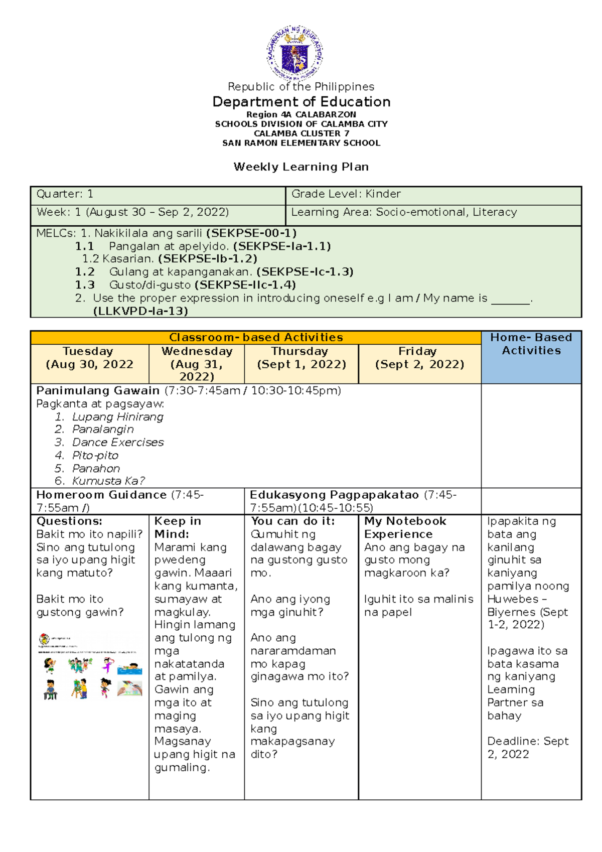 Weekly-Learning-Plan week-2-2022 - s Republic of the Philippines Department of Education Region ...