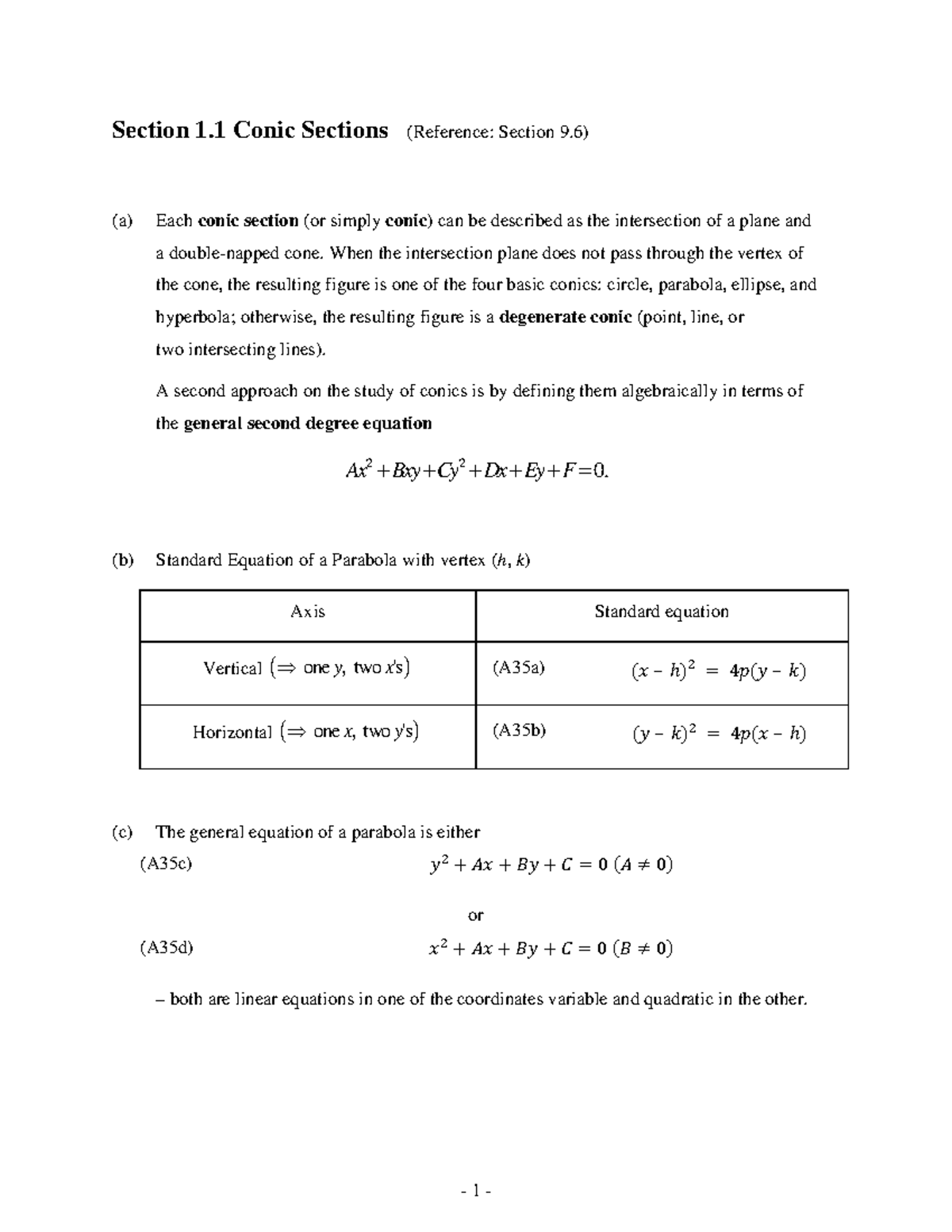 Lecture set 1 - Section 1 Conic Sections (a) (Reference: Section 9 ...