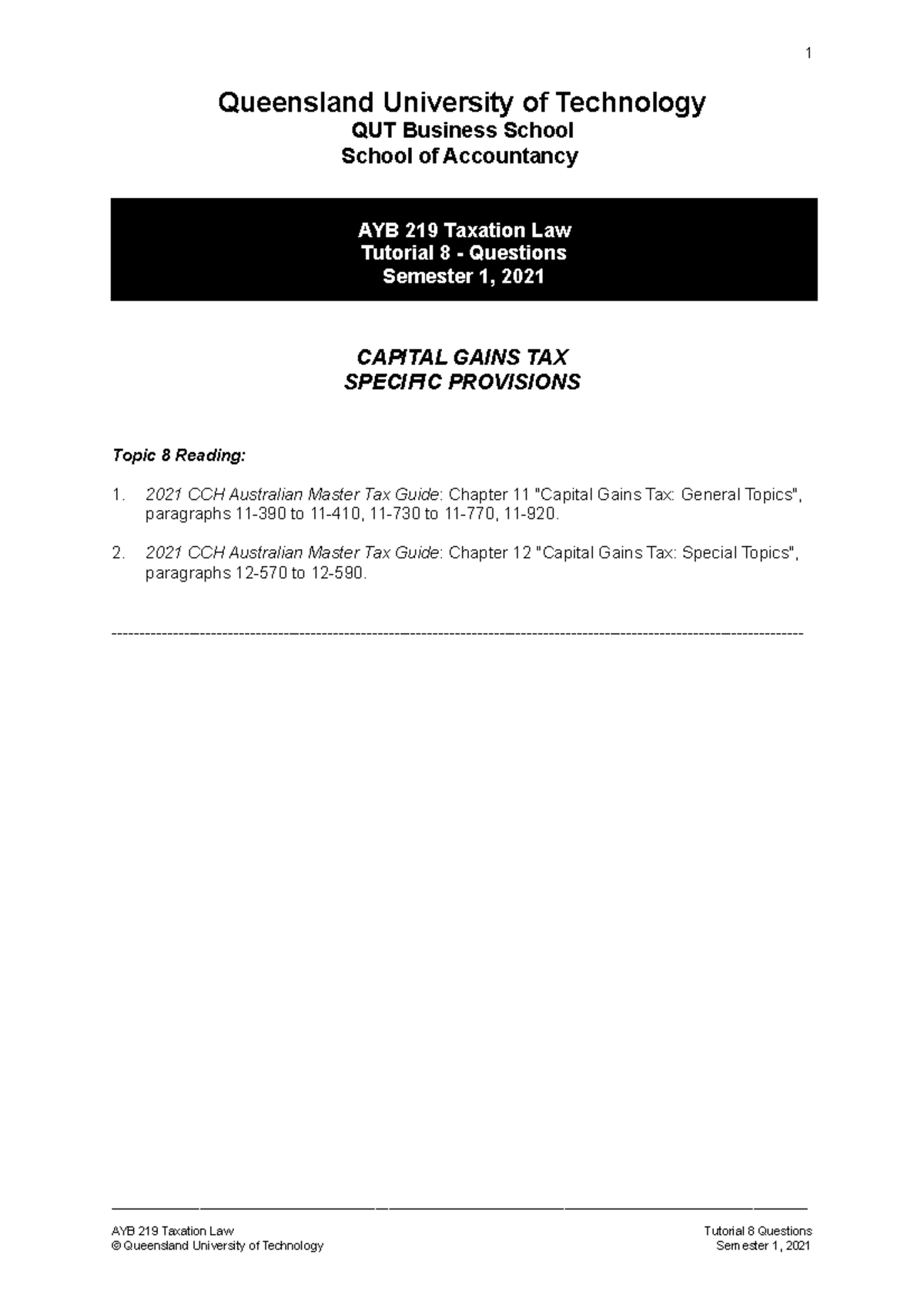 Tutorial 8 - lecture notes - Queensland University of Technology QUT ...