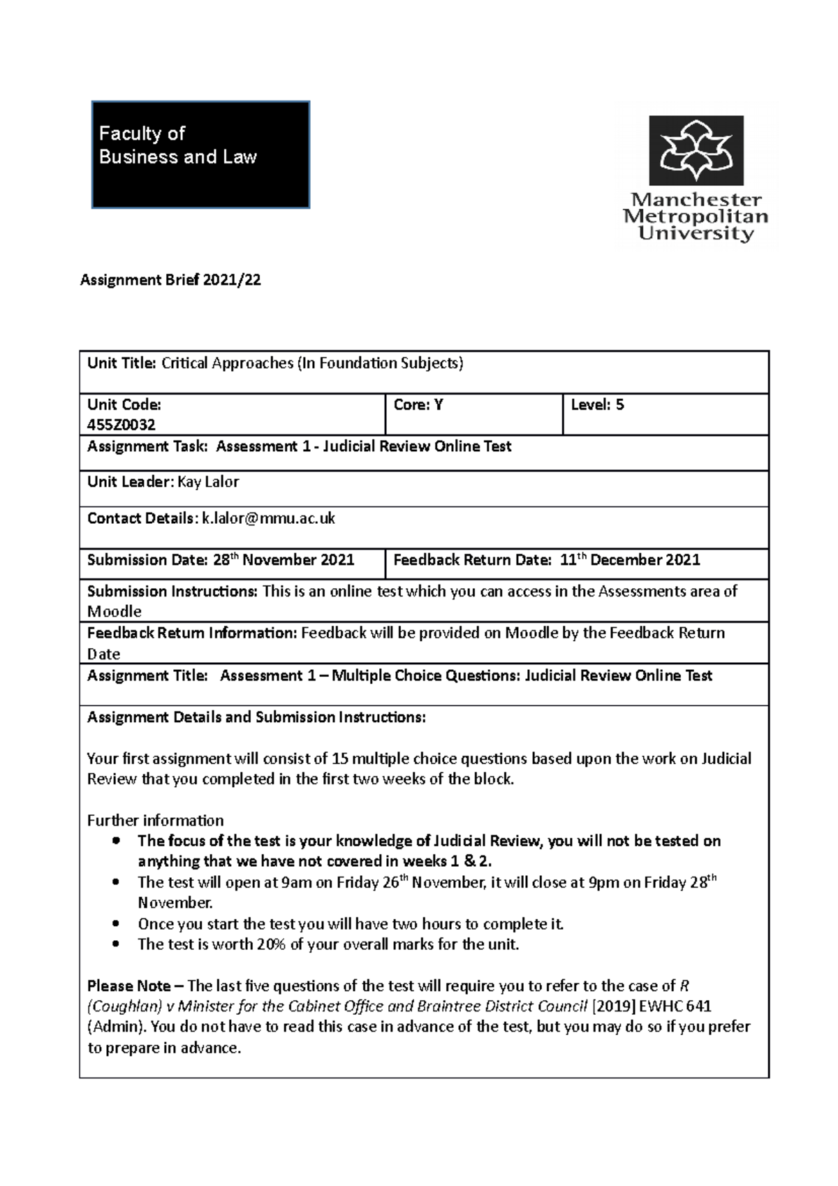 Assessment Brief - Assessment 1 - Assignment Brief 2021/ Unit Title ...