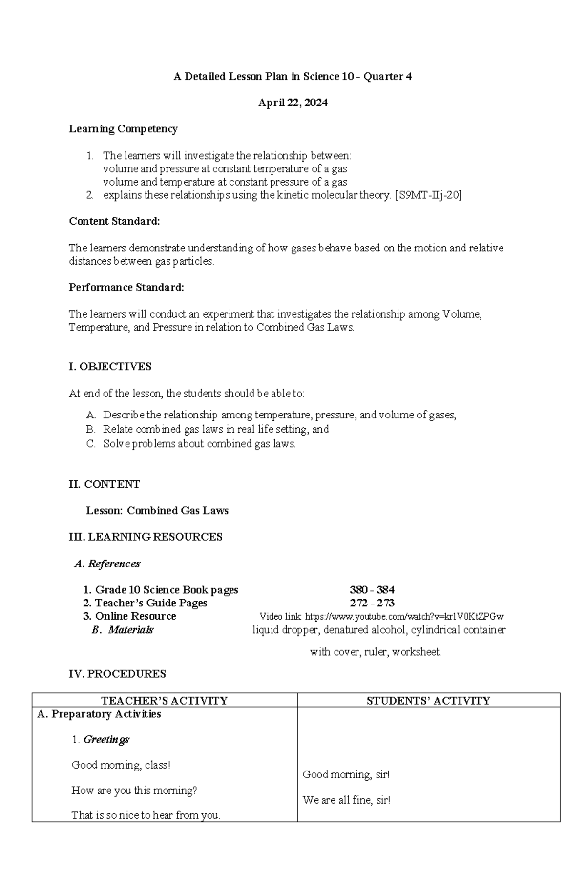 Combined Gas Laws - A Detailed Lesson Plan in Science 10 - Quarter 4 ...