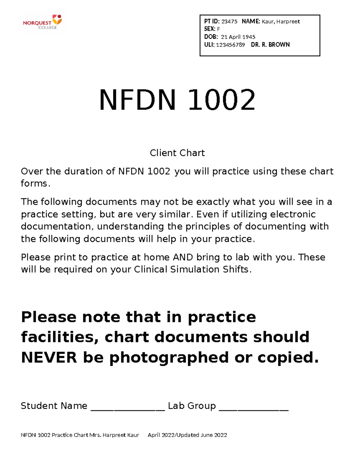 NFDN 1002 Practice Chart for Harpreet Kaur - NFDN 1002 Client Chart ...