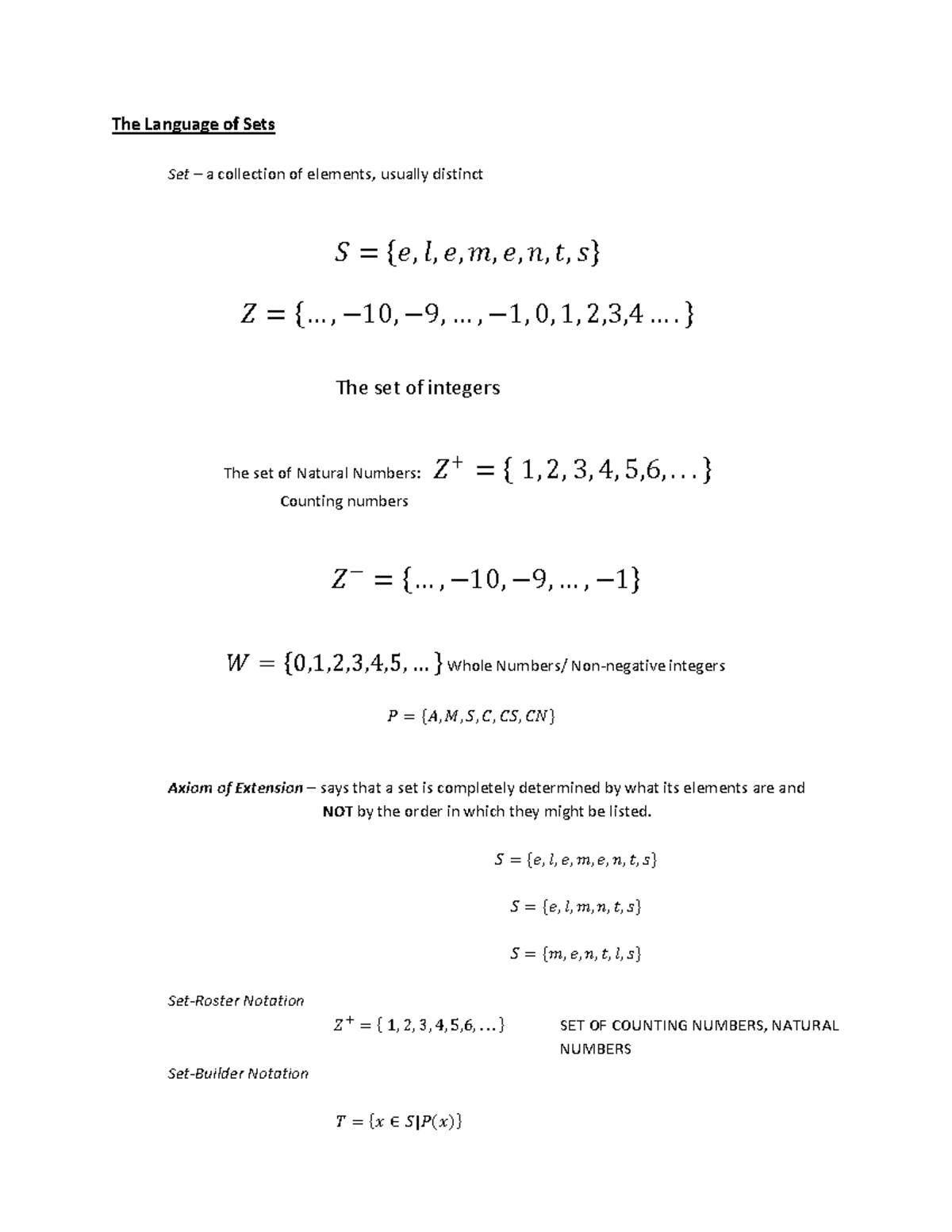 The Language of Sets - .. , − 10 , − 9 , ... , − 1 , 0 , 1 , 2 , 3 , 4 ...