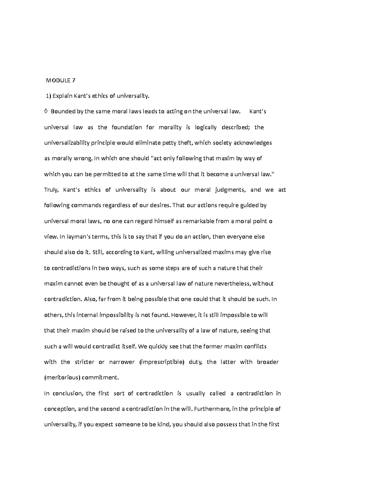 Module 7 - EMJOY - MODULE 7 Explain Kant's ethics of universality ...