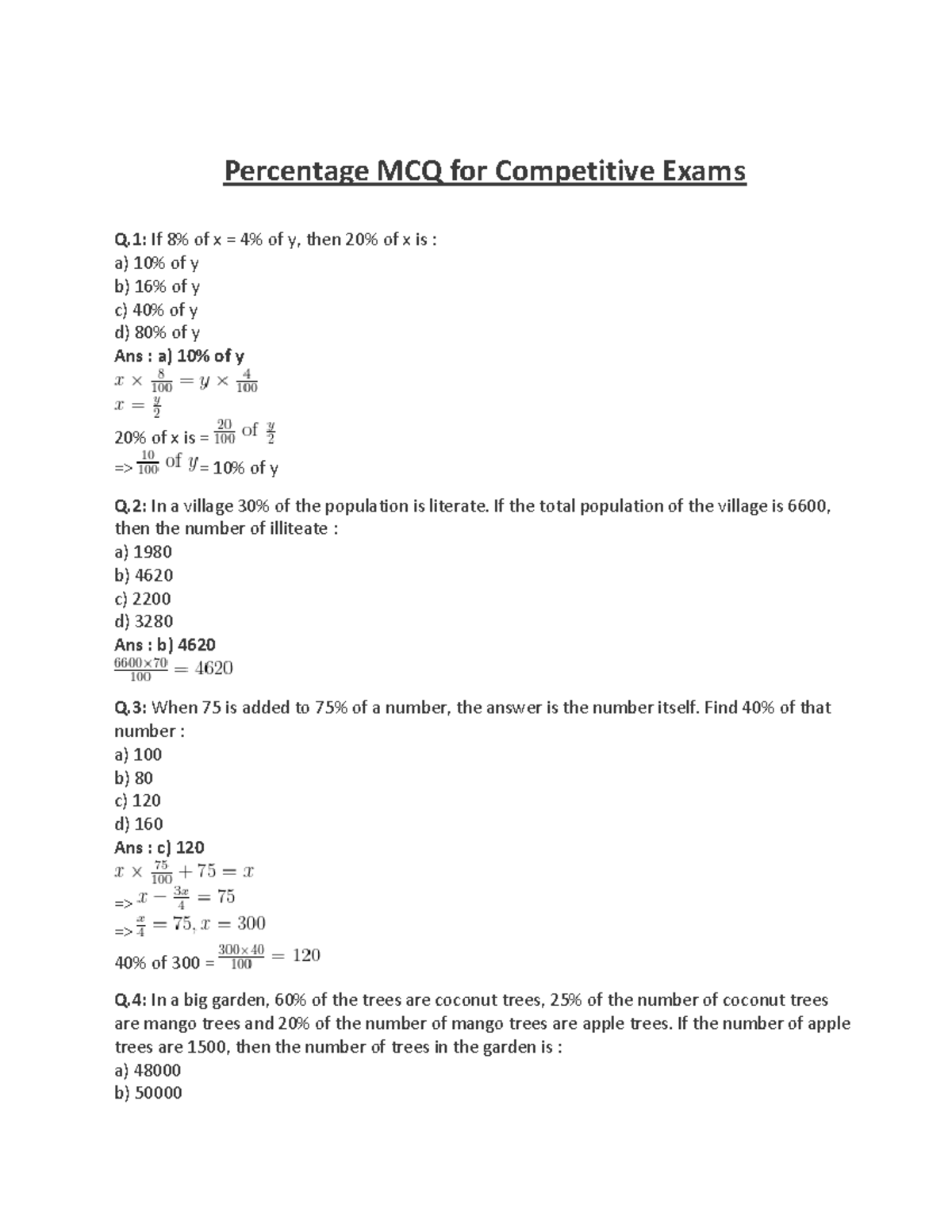 Percentage MCQ for Competitive Exams - If the total population of the ...