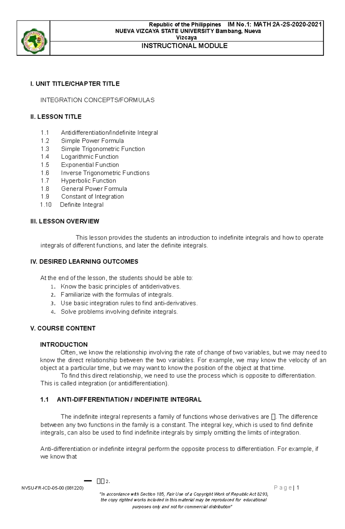 Integral Calculus IM1 - INTEGRATION CONCEPTS/FORMULAS - I. UNIT TITLE ...
