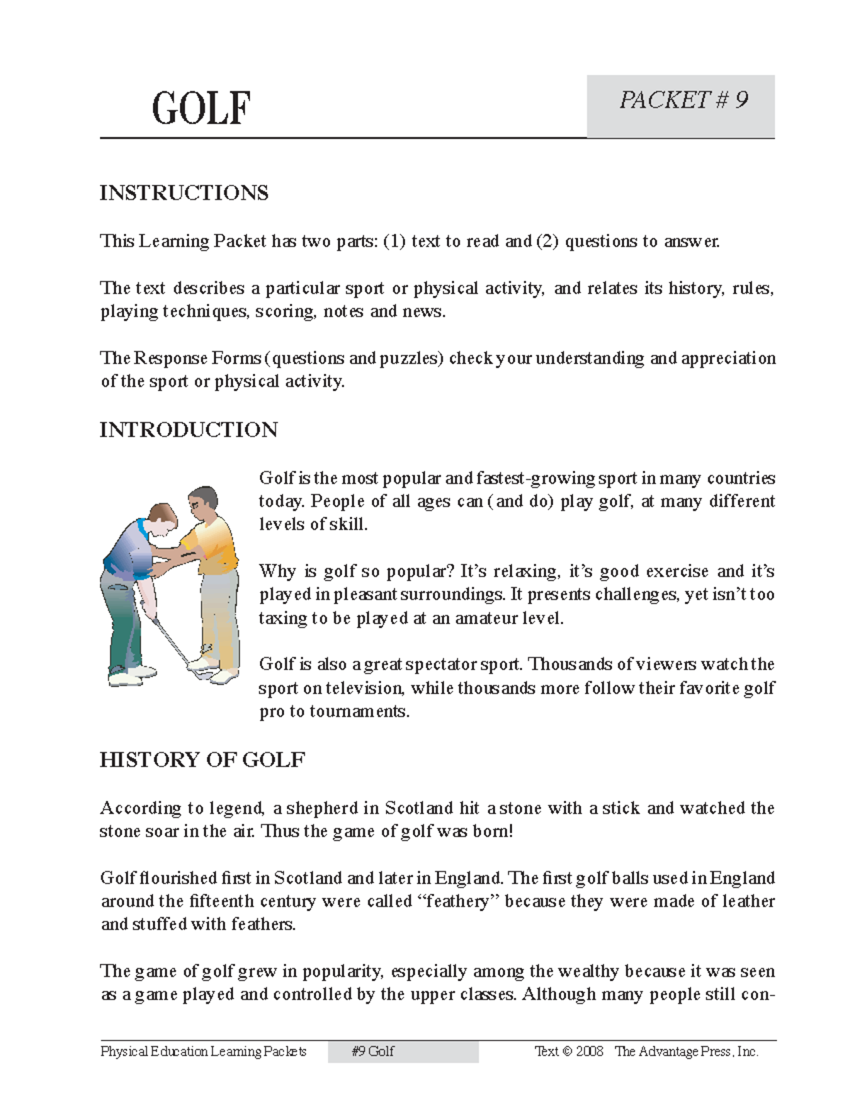 Golf Packet - Golf info - INSTRUCTIONS This Learning Packet has two ...