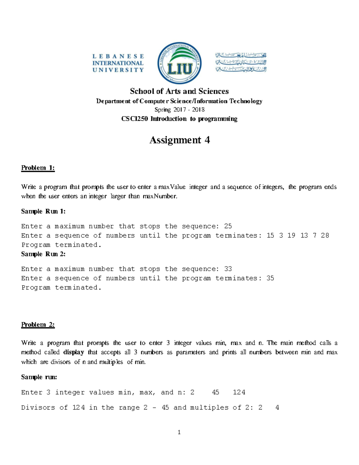 CSCI250 Assignmnet 4 SP18 - 1 School of Arts and Sciences De partme nt ...