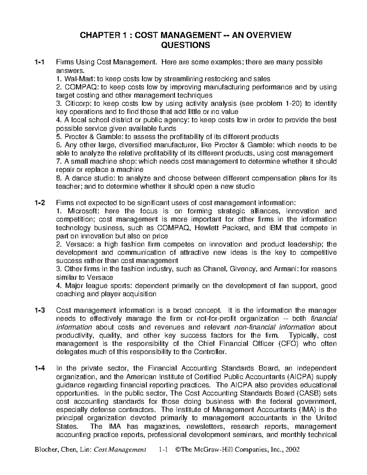 Chapter 1 COST Management AN Overview QU - CHAPTER 1 : COST MANAGEMENT ...