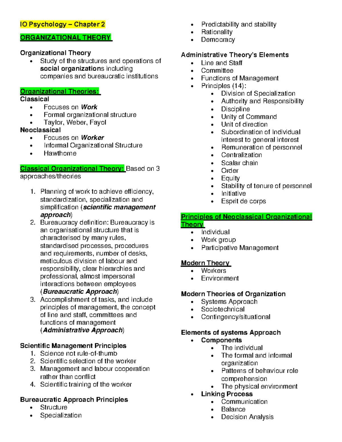 IO Psychology - Chapter 2 - IO Psychology – Chapter 2 ORGANIZATIONAL THEORY Organizational ...