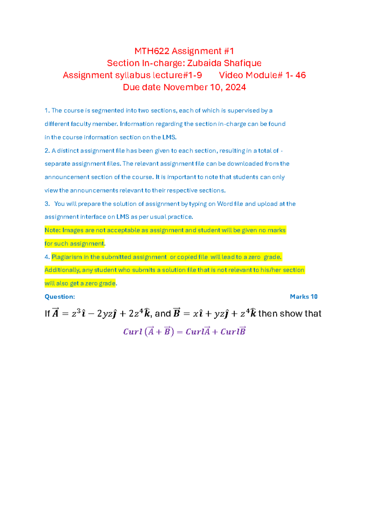 MTH622 Fall24 A1 Zubaida - MTH622 Assignment Section In-charge: Zubaida Shafique Assignment ...