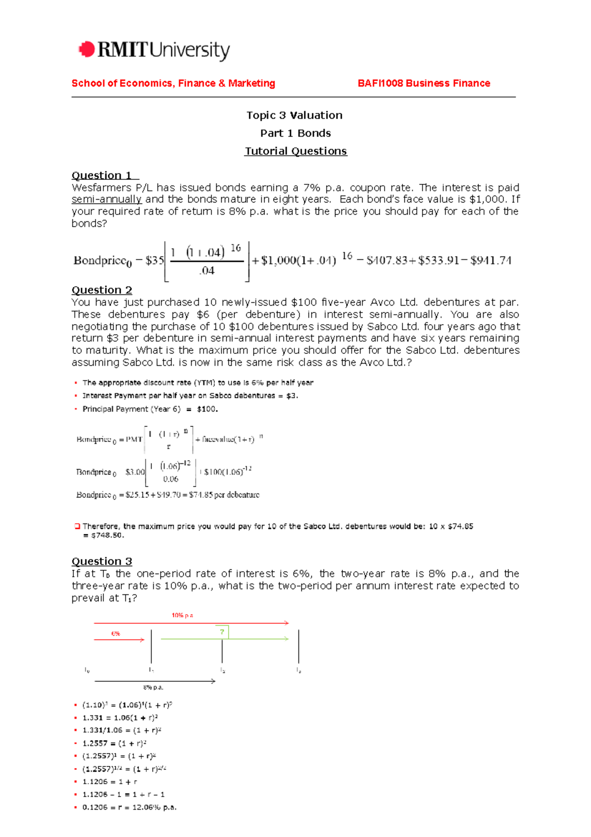 BF Tutorial Topic 3 Part 1 Questions - School of Economics, Finance & Marketing BAFI1008 - Studocu