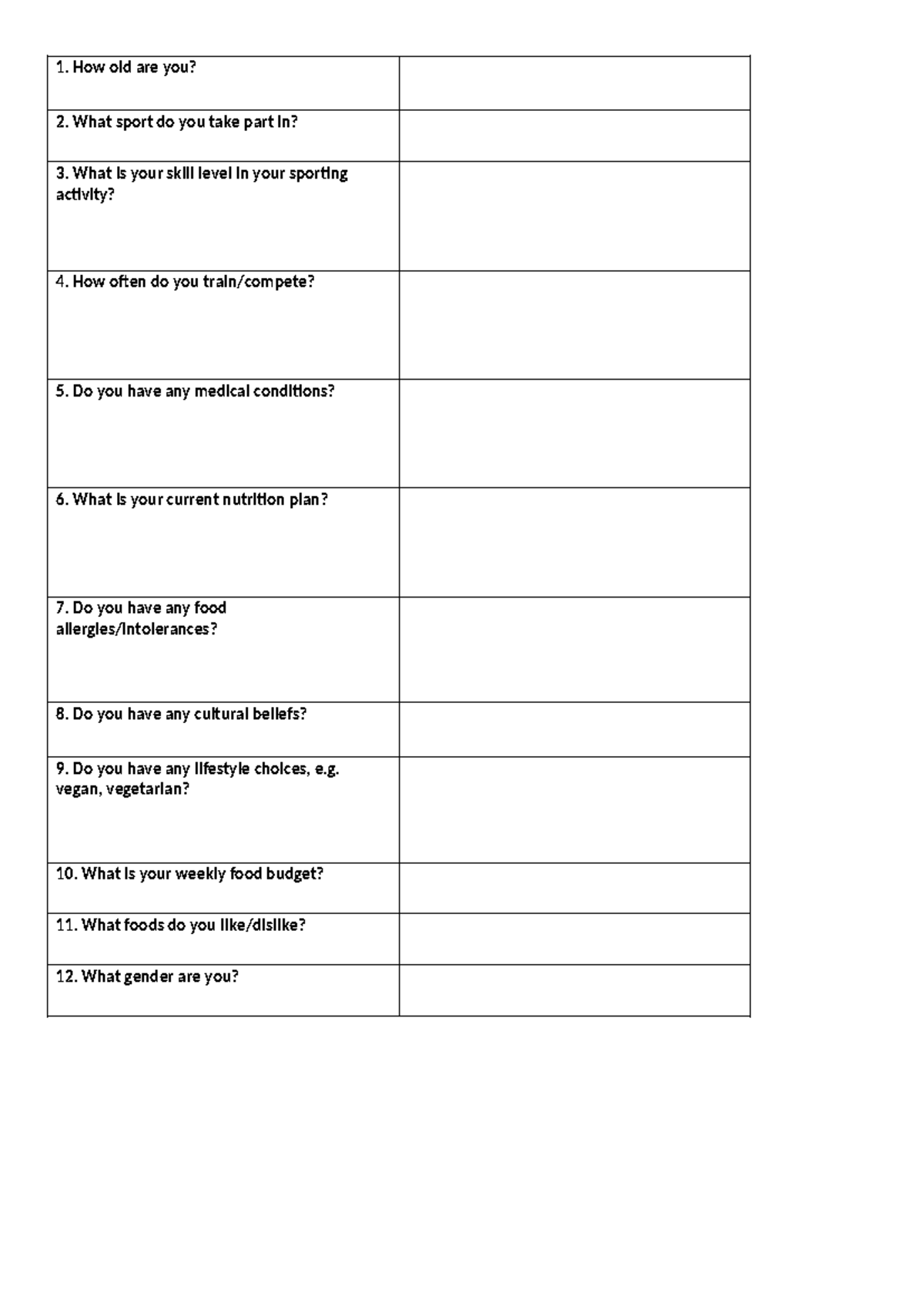 Nutrition plan questionare - How old are you? What sport do you take ...