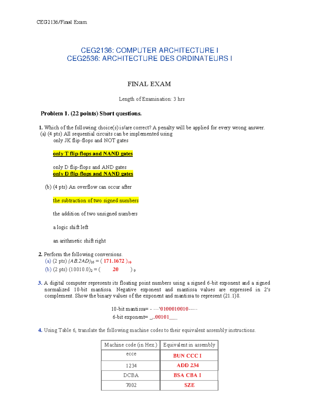 Final 15 April 2009, questions and answers - Exam CEG2136: COMPUTER ARCHITECTURE I CEG2536 ...