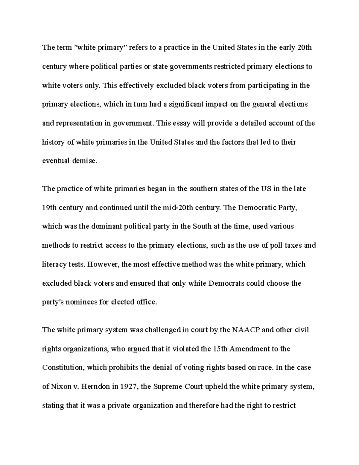 White Primary Notes - The term "white primary" refers to a practice in ...