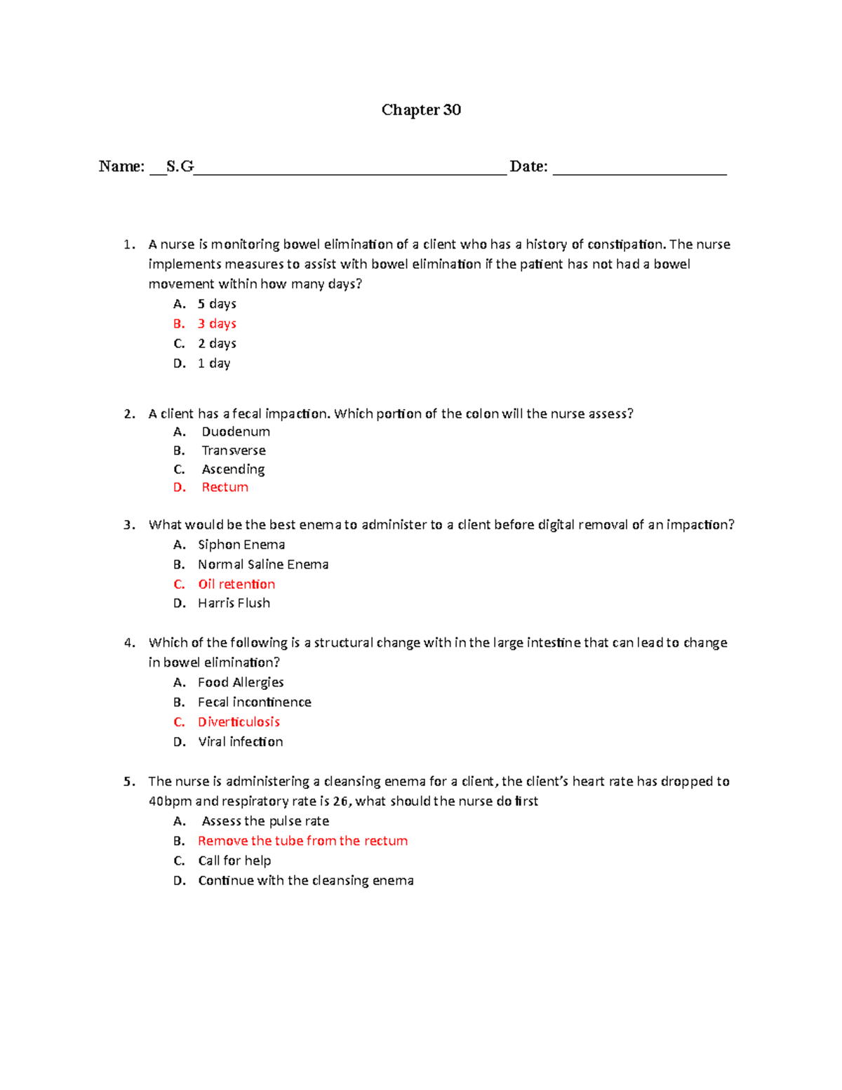 NUR 177 Ch 30 - Chapter 30 Practice - Chapter 30 Name: S