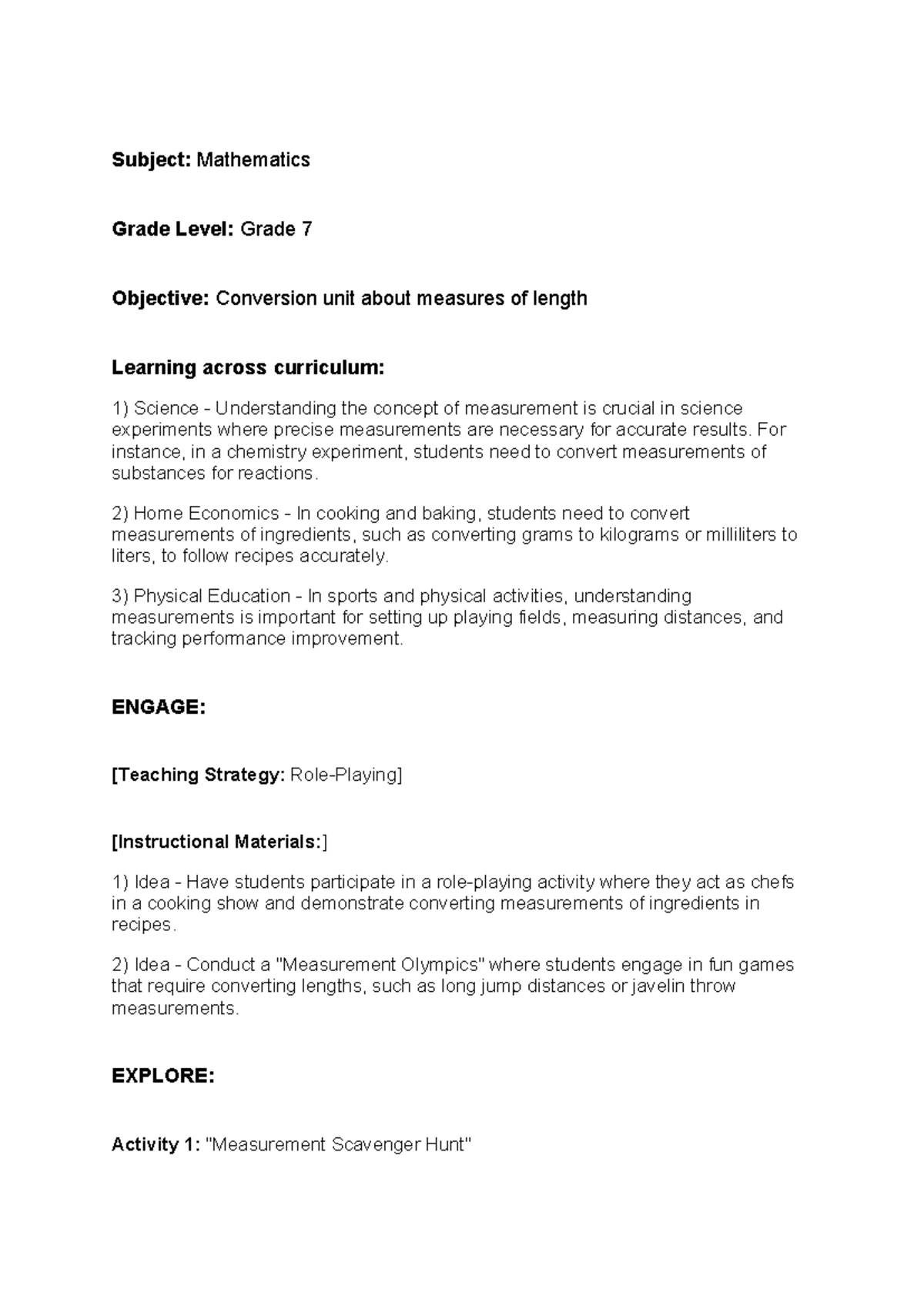 Lesson plan - Subject: Mathematics Grade Level: Grade 7 Objective ...