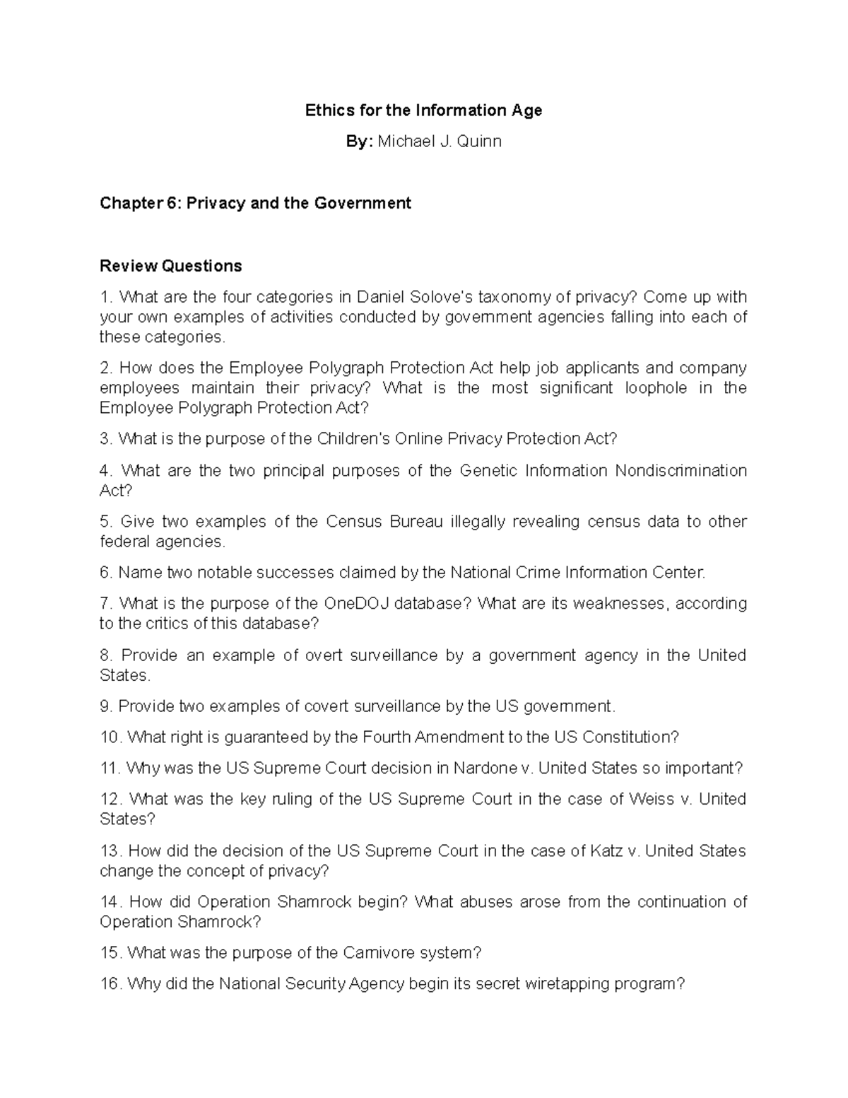 Privacy and the Government In Class Exercises Review and Discussion ...