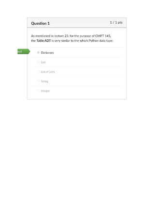 Quiz 3 CMPT-145 - Quiz - Quiz 3 Due Jan 28, 2022 at 11:59p. Points 10 ...