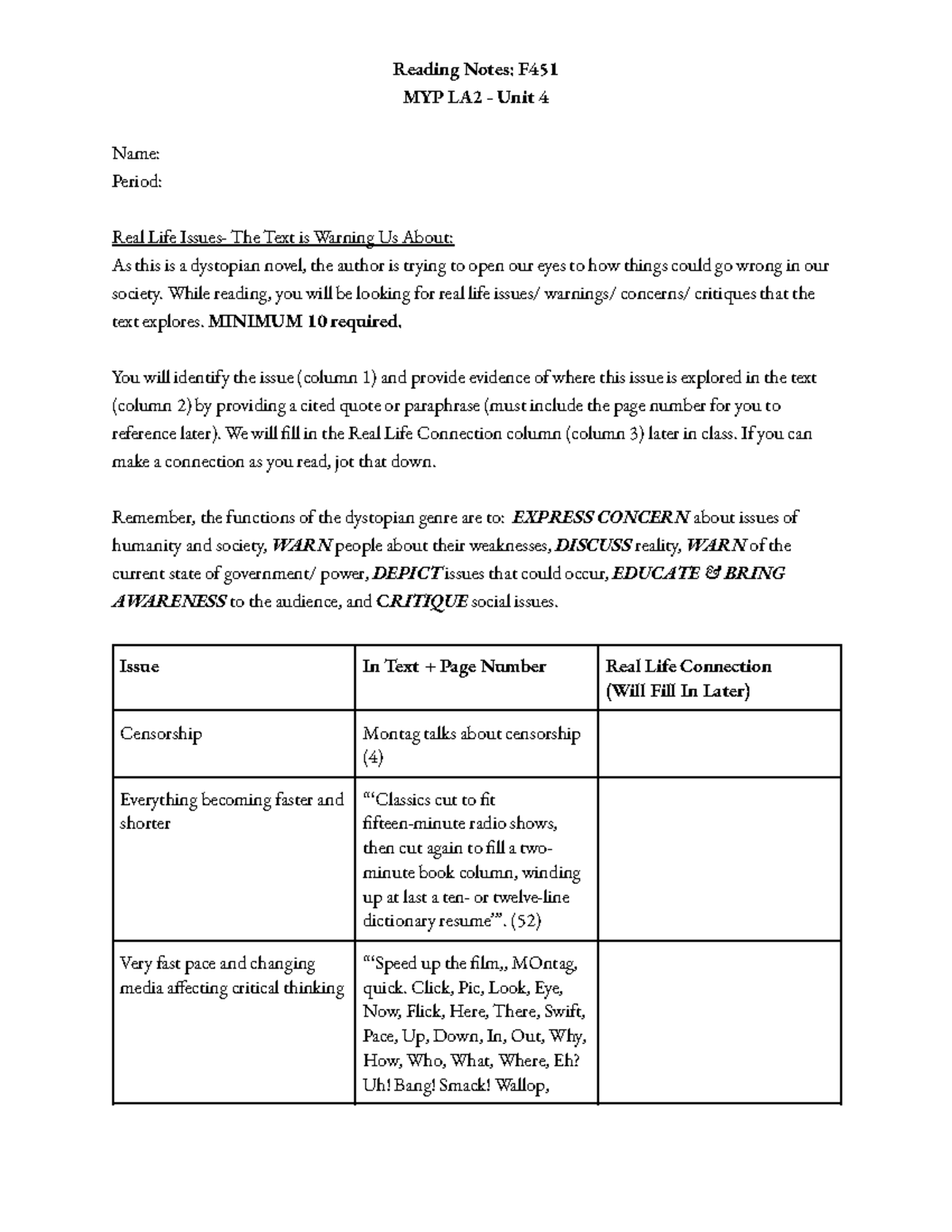 Reading Notes F451 - MYP LA2 - Unit 4 Name: Period: Real Life Issues ...