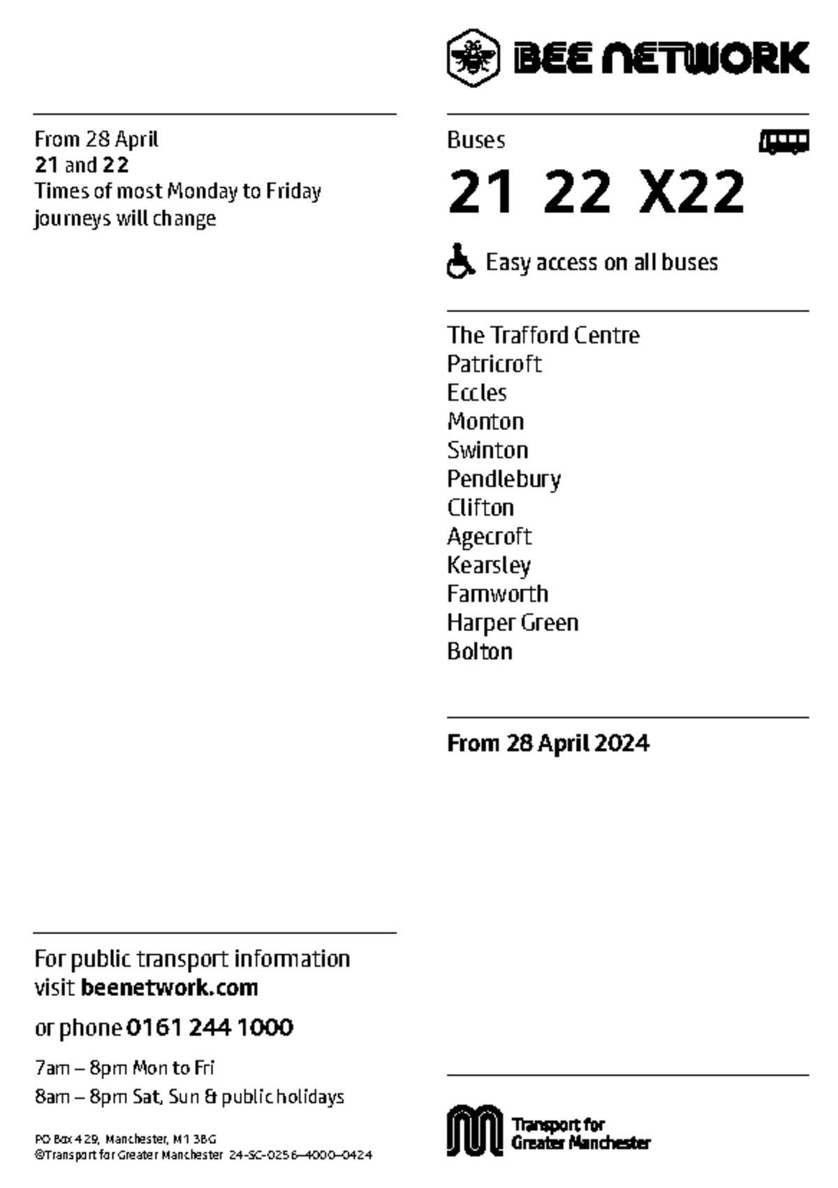 21 22 X22 24-SC-0256 - Bus timetable - 21 22 X From 28 April 2024 The ...