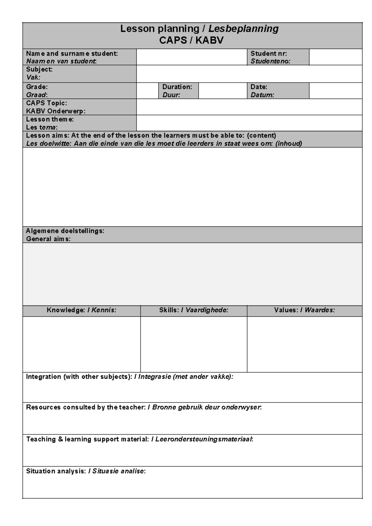 Lesson PLAN Template clear - Lesson planning / Lesbeplanning CAPS ...