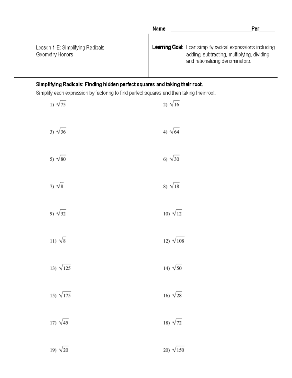 Simplifying Radicals Guided Notes - Name _________________________Per ...