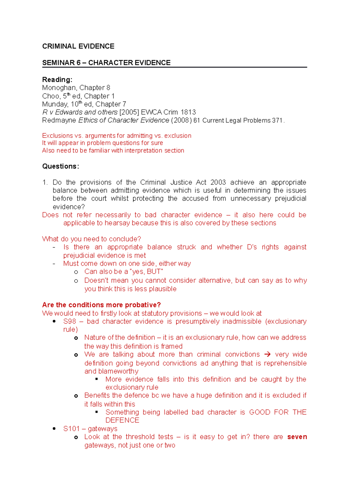 S6 - Character Evidence - CRIMINAL EVIDENCE SEMINAR 6 – CHARACTER ...