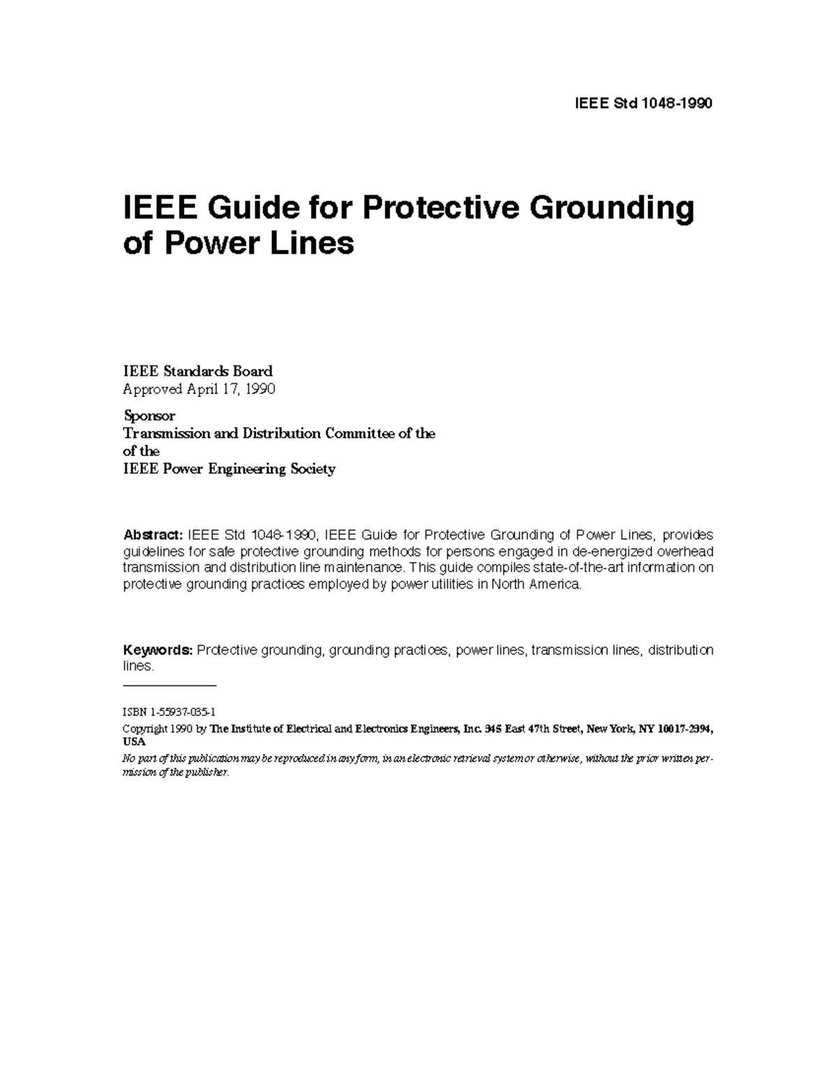 IEEE 1048-1990 - Ensayos - IEEE Std 1048- IEEE Guide for Protective Grounding of Power Lines ...