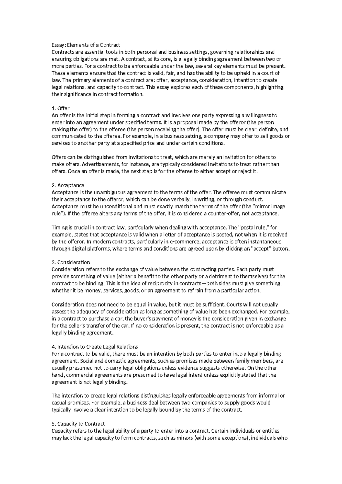 Essay - elements of a contract - Essay: Elements of a Contract ...