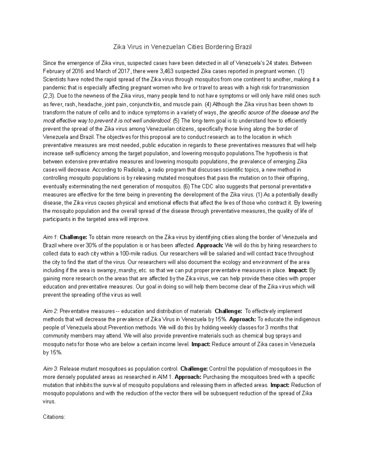 Specific Aims Paper - Zika Virus in Venezuelan Cities Bordering Brazil ...