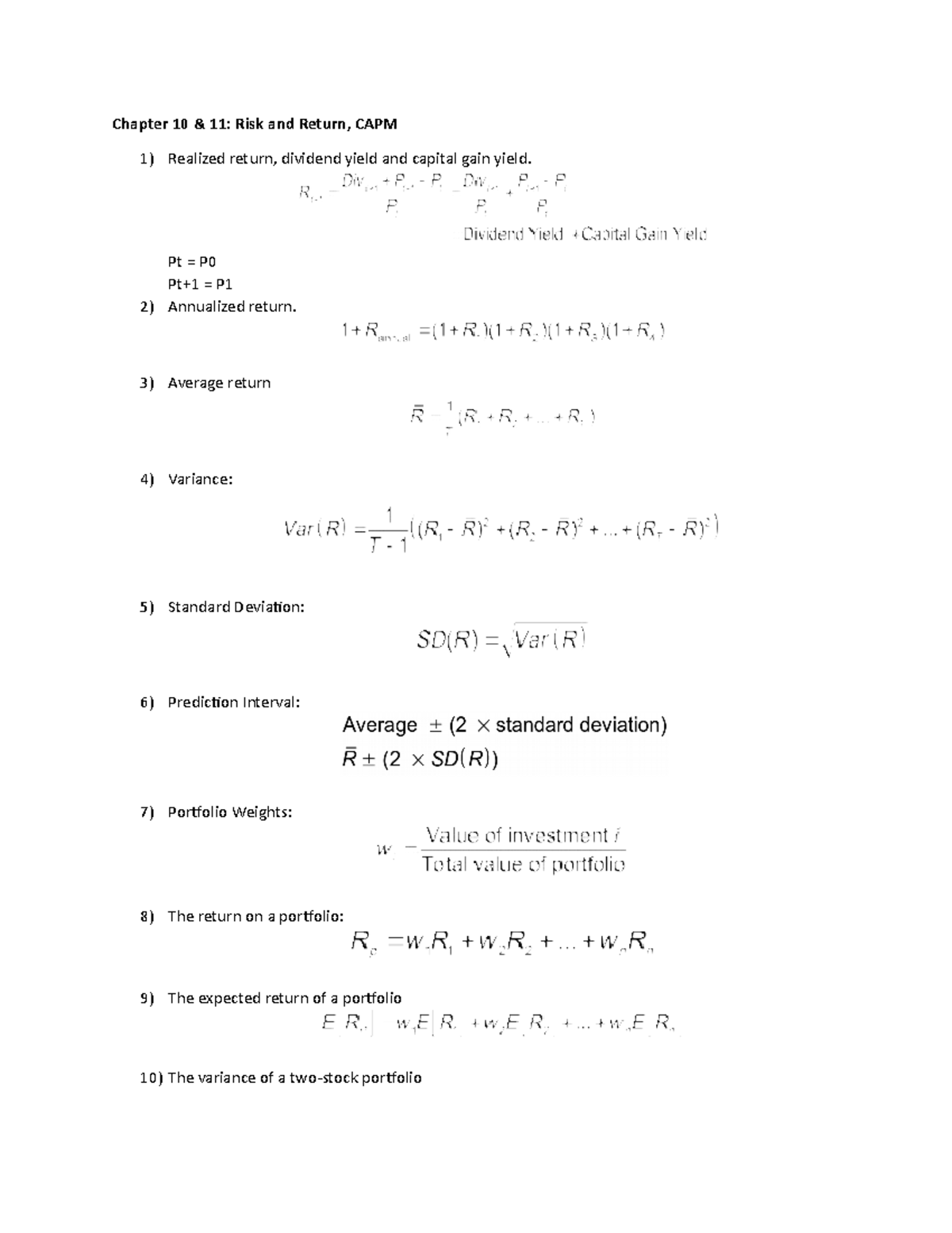 Formula Sheet for final exam-1 - Chapter 10 & 11: Risk and Return, CAPM ...