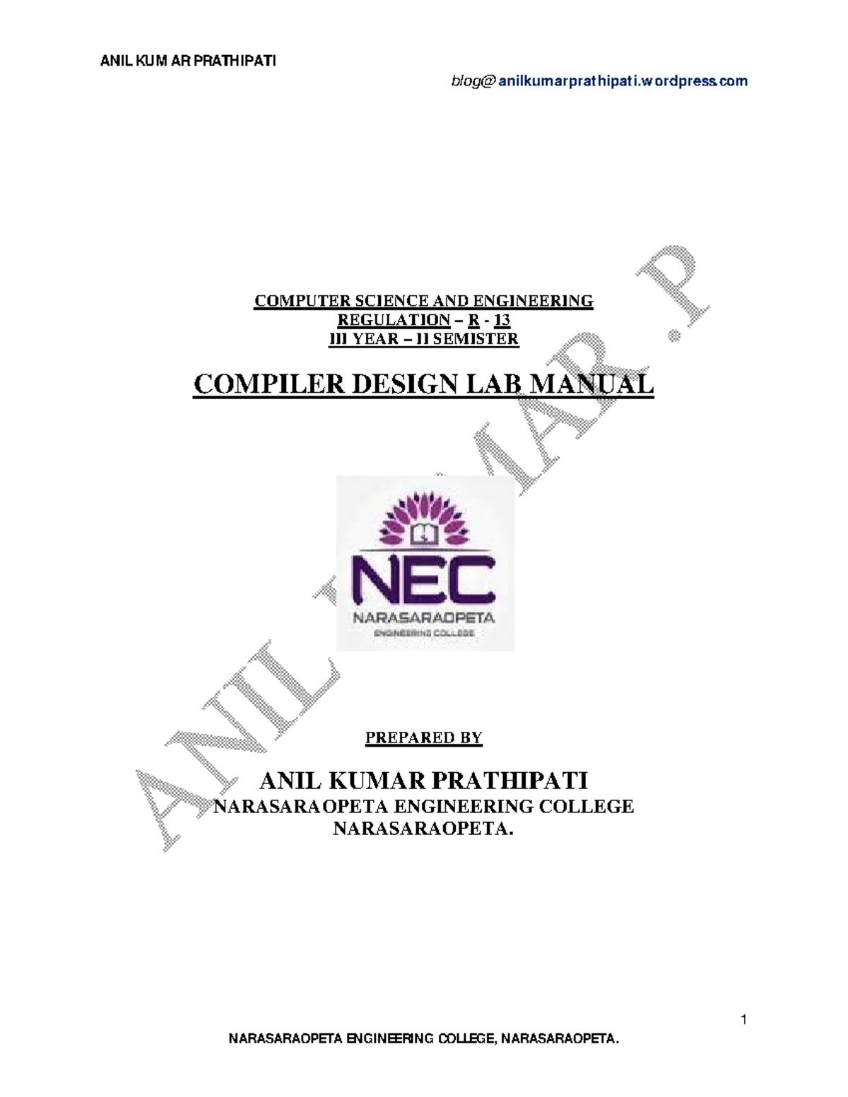 Compiler Design Lab Manual For R13 3 1 Blog Anilkumarprathipatiwordpress 1 Computer Science