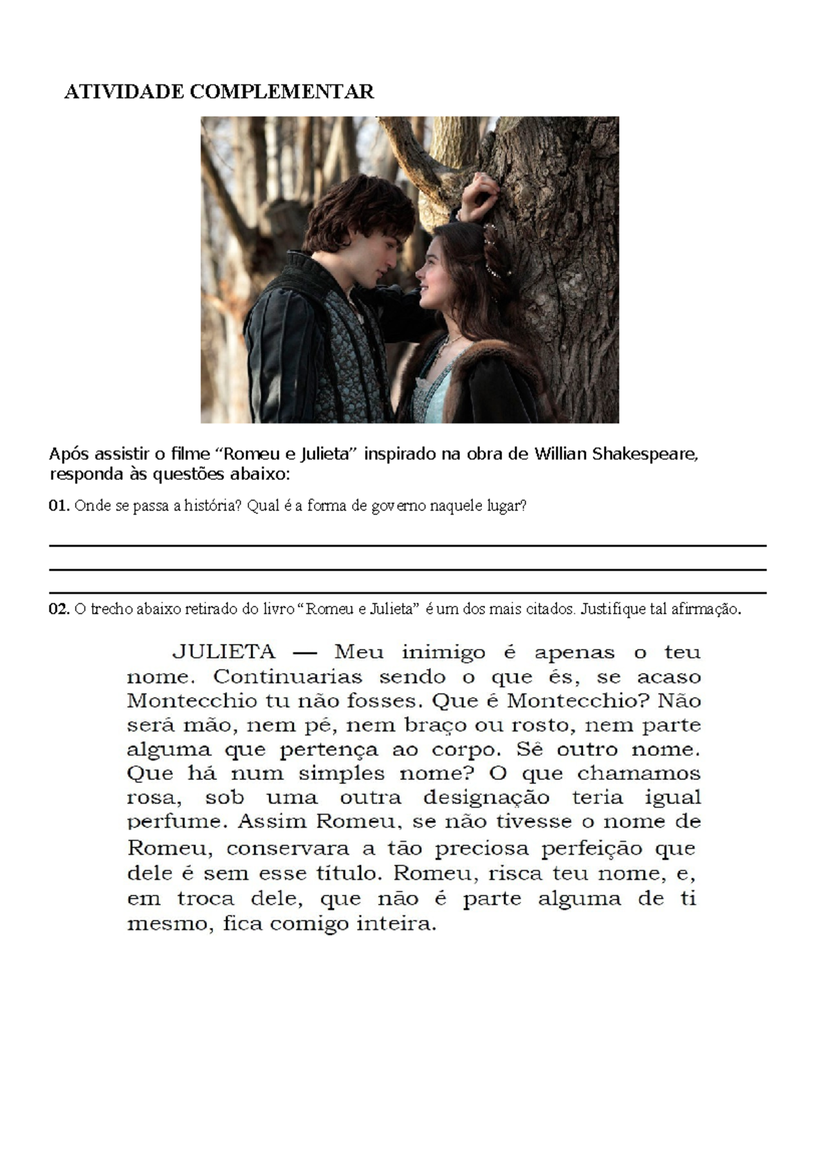 Atividade Romeu E Julieta (1) (1) - Teologia - ATIVIDADE COMPLEMENTAR ...