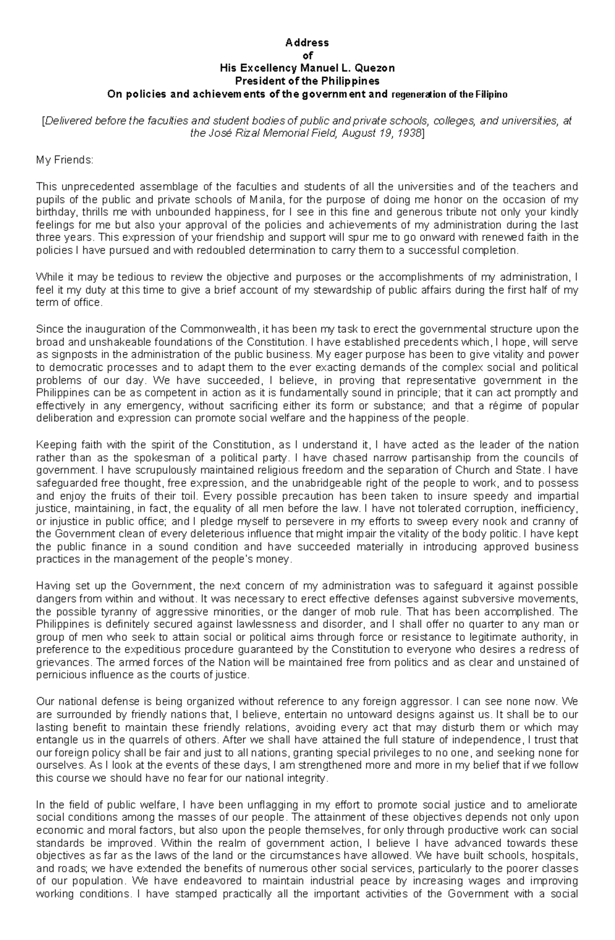 Manuel L. Quezon speech - Address of His Excellency Manuel L. Quezon ...