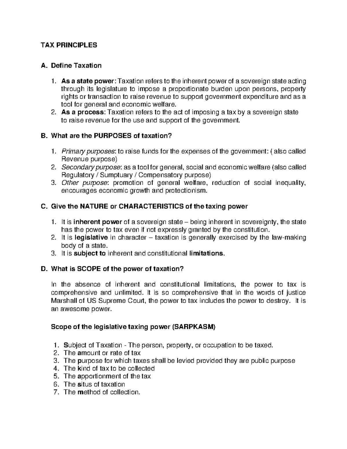 Handout 1 General Principles - TAX PRINCIPLES A. Define Taxation As a ...