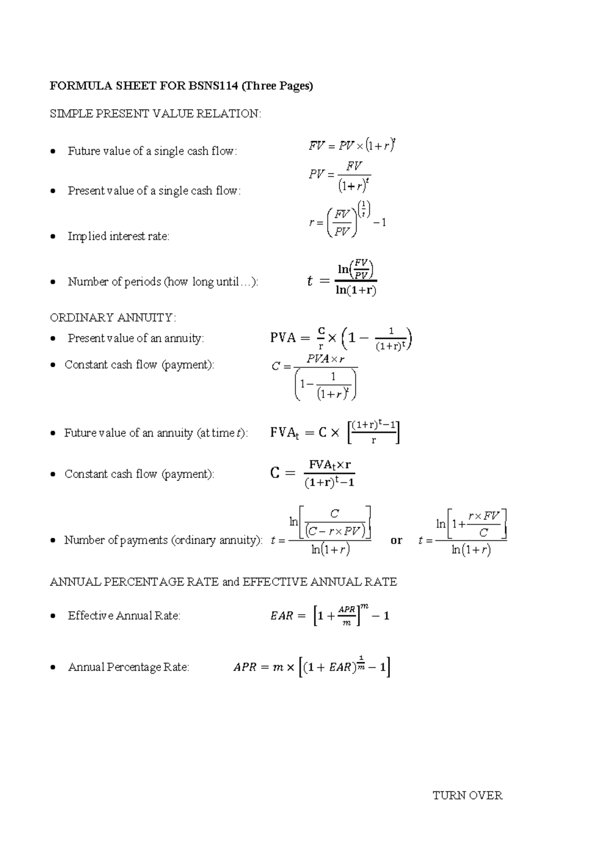 Formula Sheet - TURN OVER FORMULA SHEET FOR BSNS114 (Three Pages ...