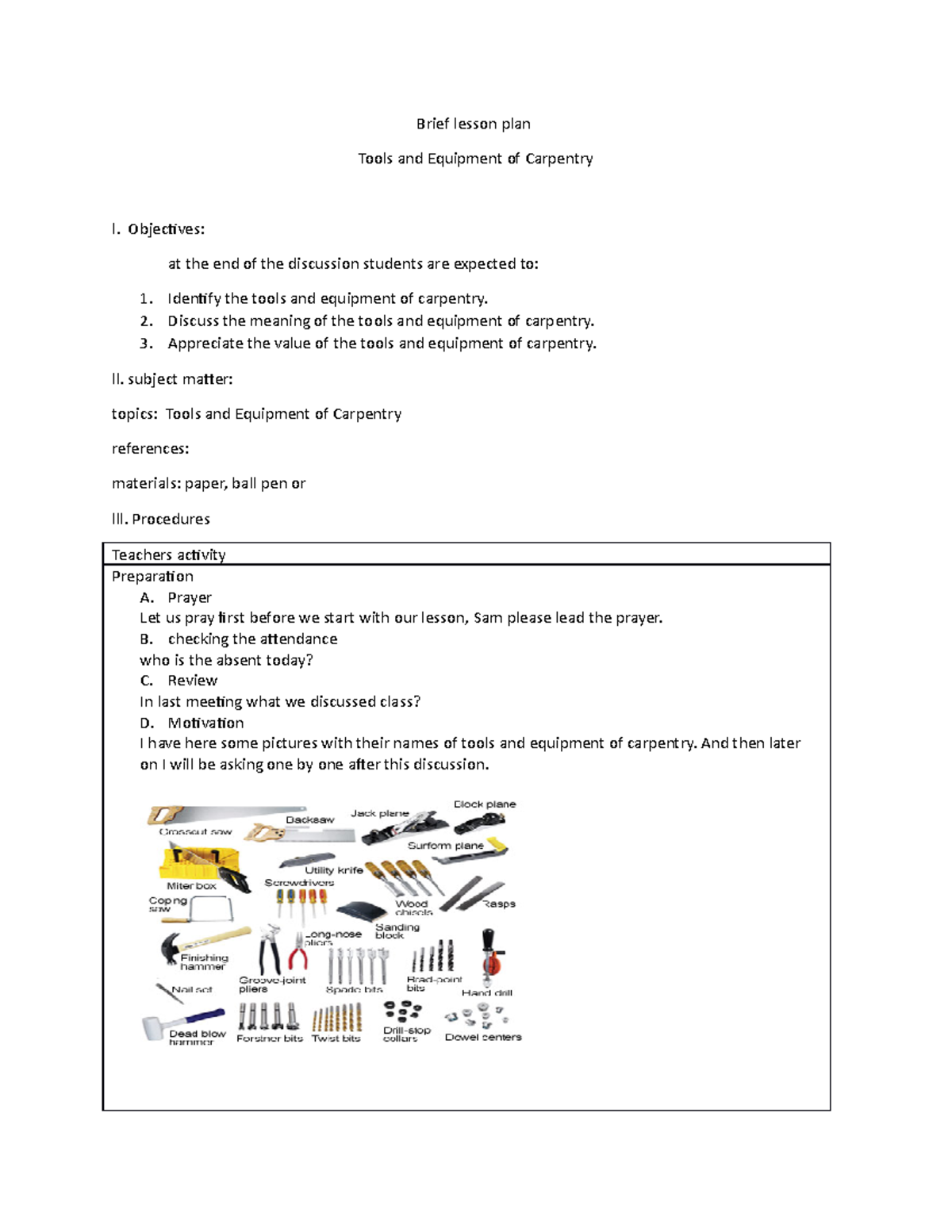Brief lesson plan - hope it helps - Brief lesson plan Tools and ...