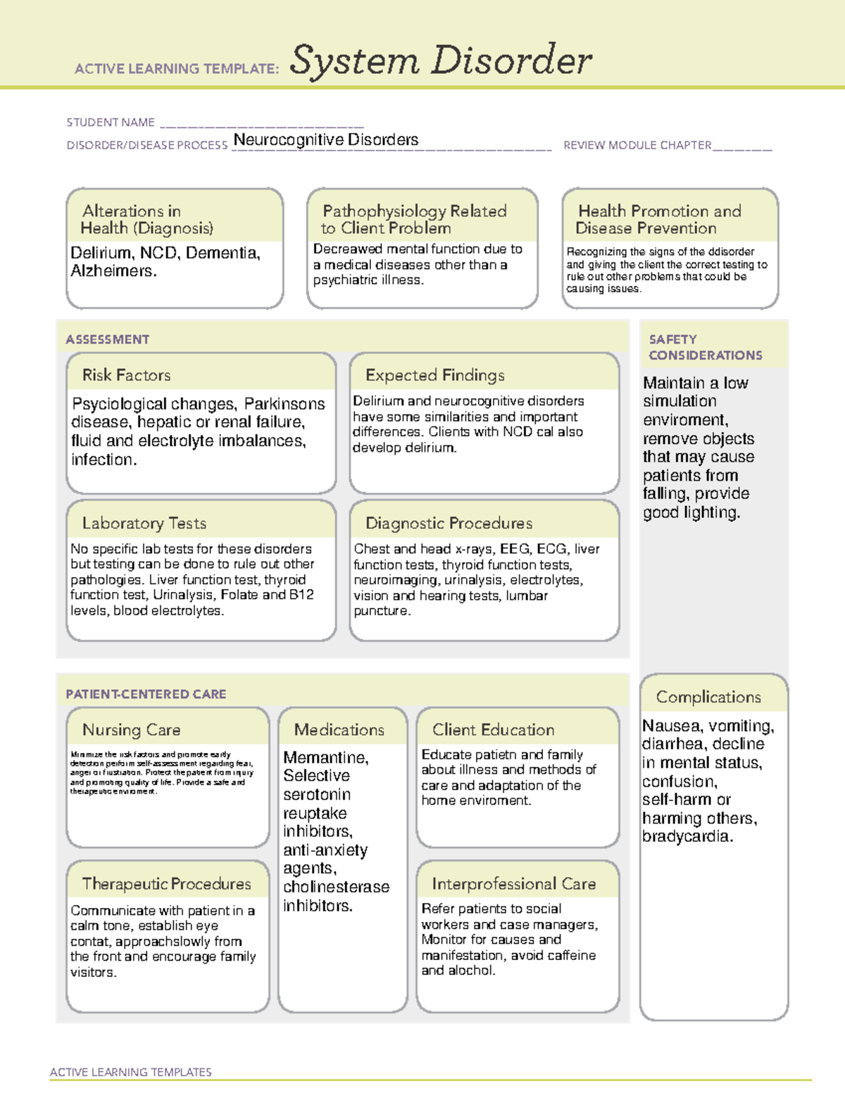 Neurocognitive Disorders FR - ACTIVE LEARNING TEMPLATES System Disorder ...