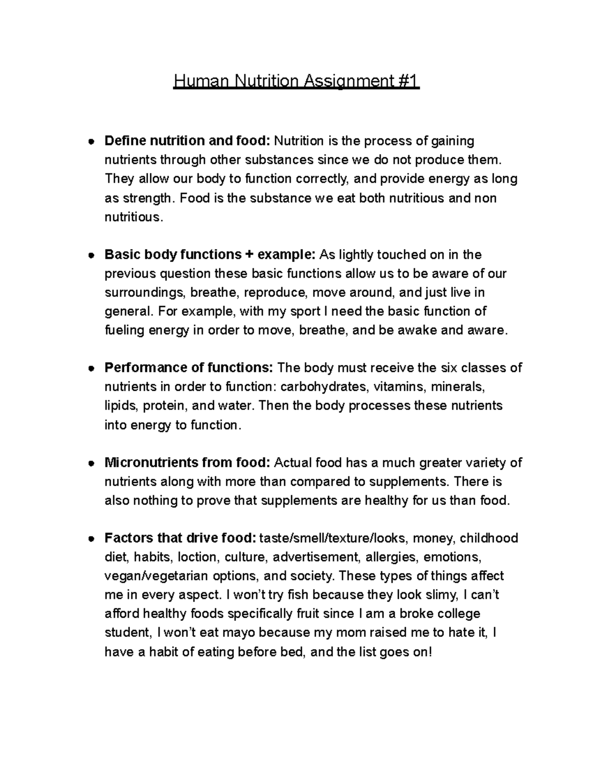 Human Nutrition Assignment #1 - Human Nutrition Assignment Define ...