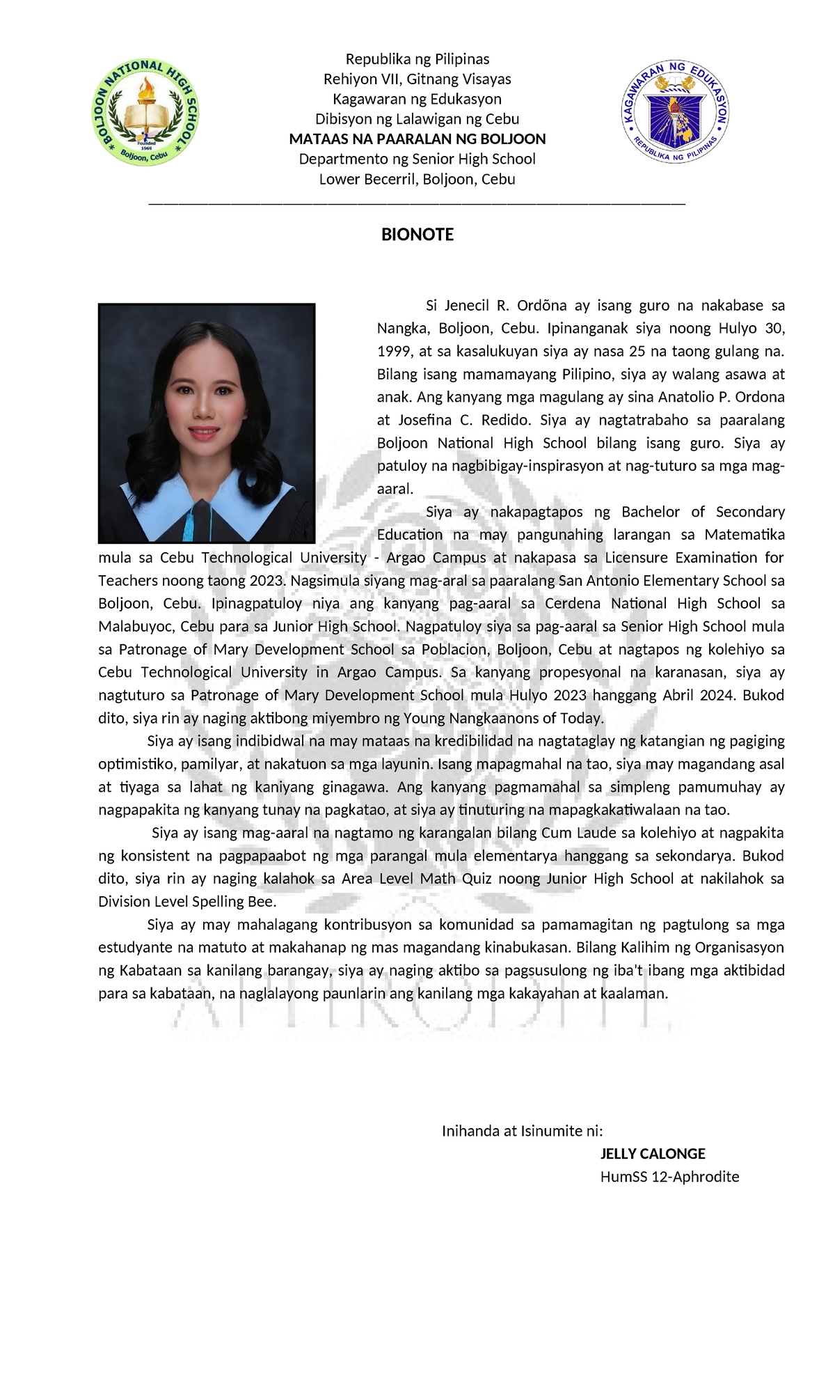 eXAMPLE BIONOTE - Republika ng Pilipinas Rehiyon VII, Gitnang Visayas ...