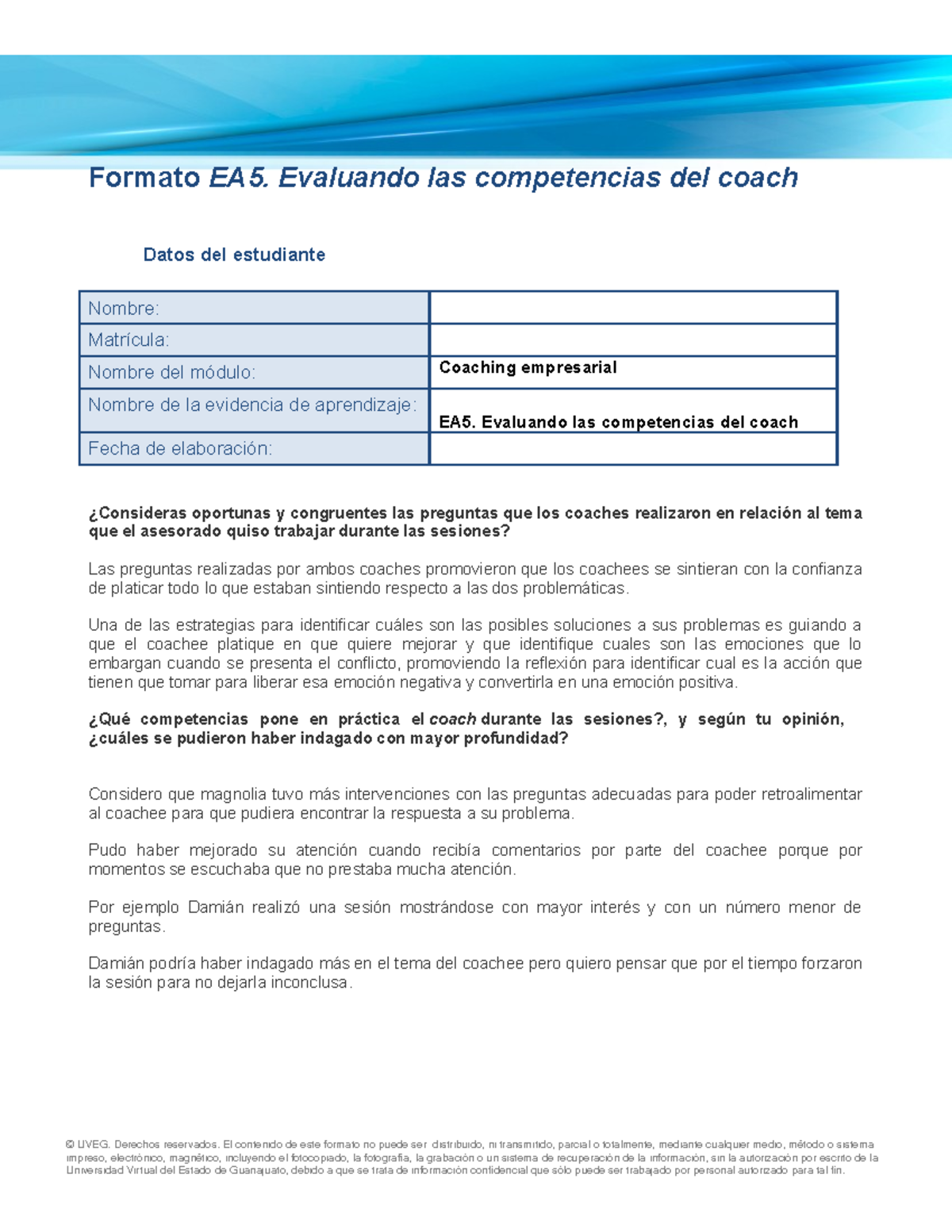 Intervención integral de coaching - Formato EA5. Evaluando las ...