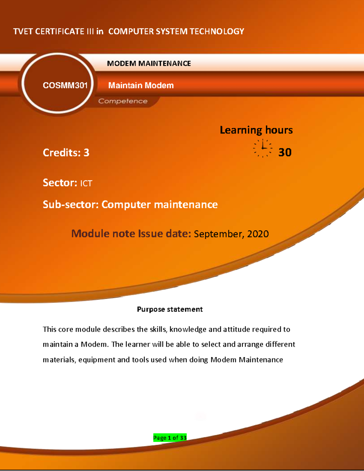 Cosmm 301 - Modem Maintenance - TVET CERTIFICATE III in COMPUTER SYSTEM TECHNOLOGY MODEM ...
