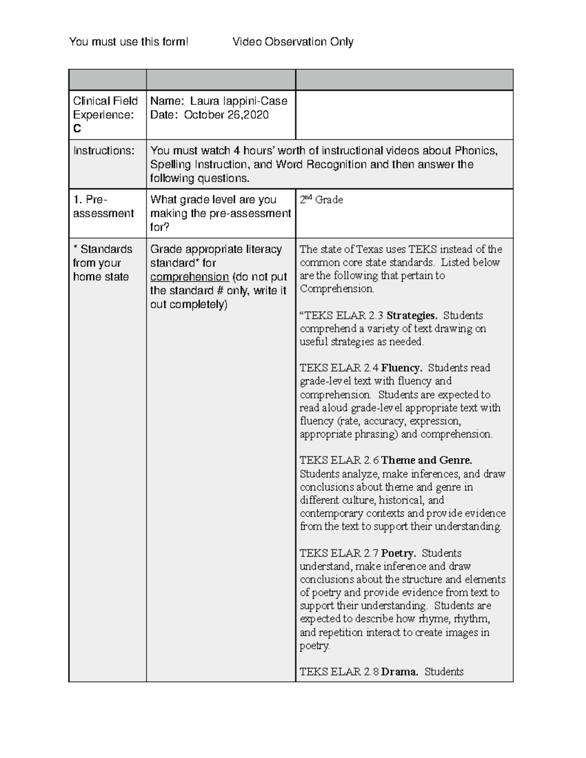 Clinical Field Experience C worksheet - Clinical Field Experience: C ...