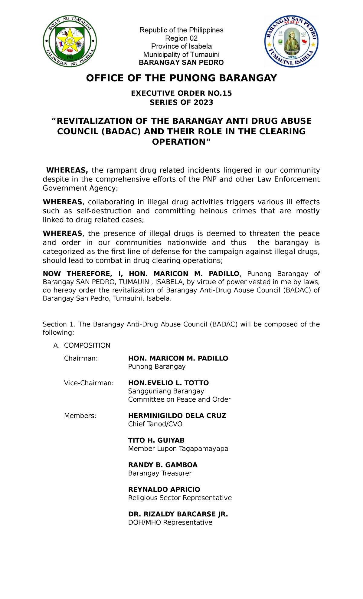 Eo-revitalization-badac - OFFICE OF THE PUNONG BARANGAY EXECUTIVE ORDER ...