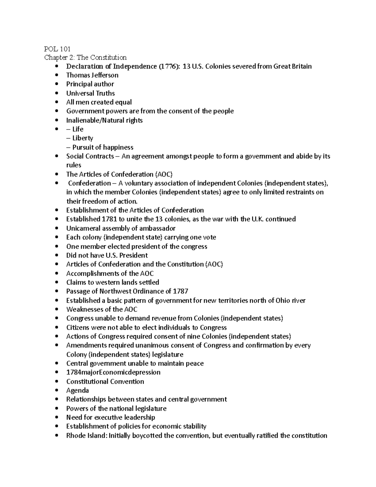 POL 101 Ch. 2 - Notes - POL 101 Chapter 2: The Constitution Declaration ...