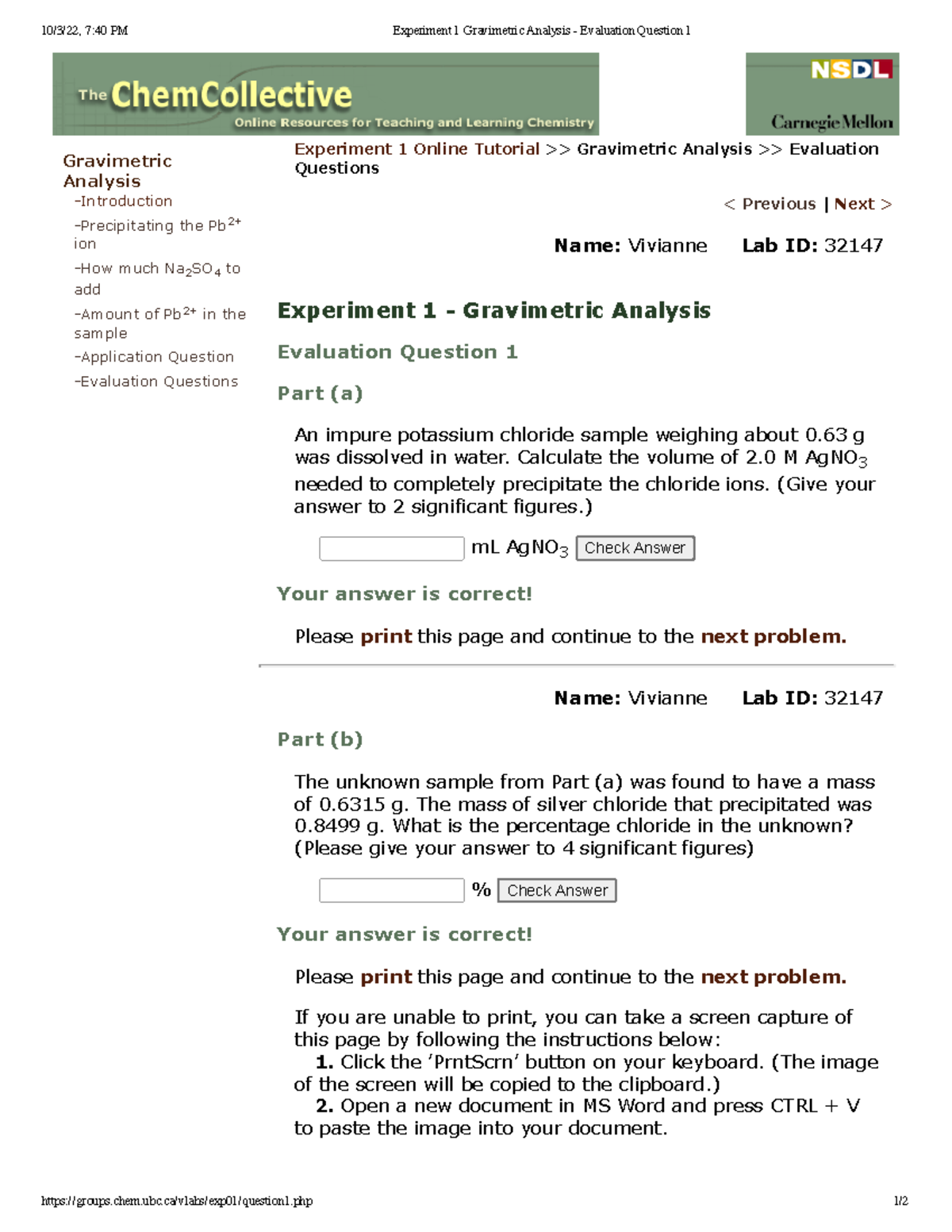 Experiment 1 Gravimetric Analysis - Evaluation Question 1 - 10/3/22, 7 ...